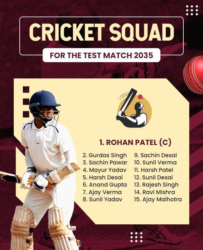 Dynamic Cricket Team Roster for Test Match 2035 Poster Template