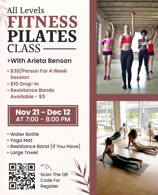 Dynamic Fitness Pilates Class for All Levels Poster Template