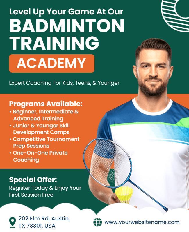 Dynamic Green Badminton Training Academy Enrollment Flyer Template