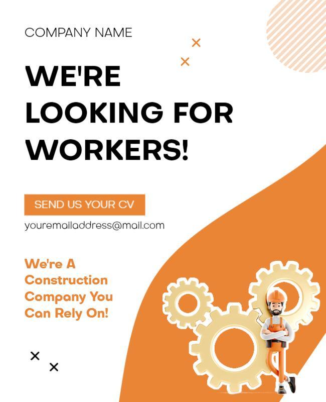 Dynamic Orange Construction Job Recruitment Poster Template
