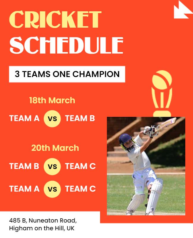 Dynamic Orange Cricket Schedule Competition Poster Template