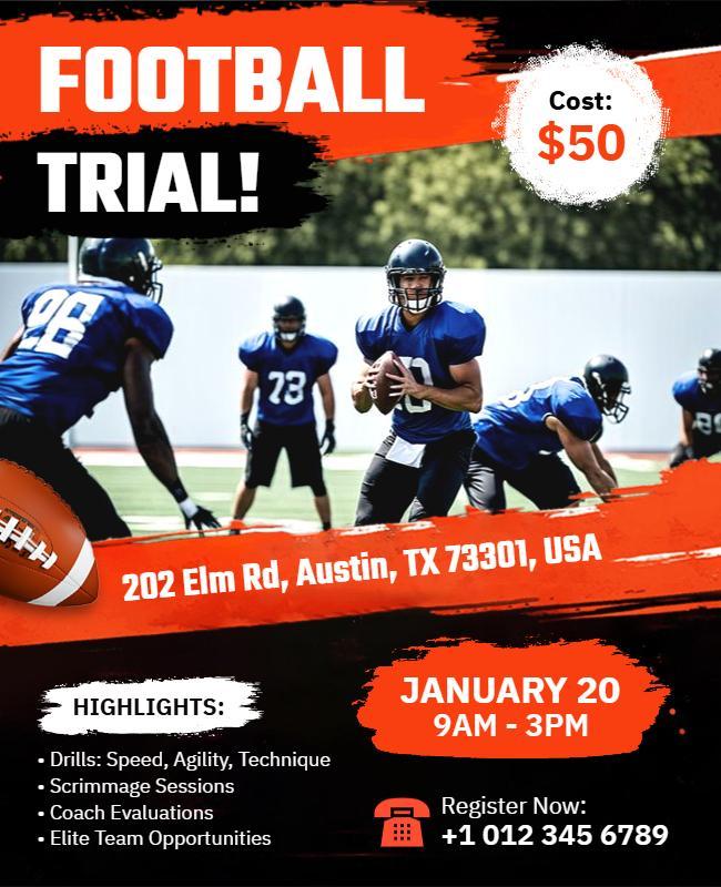 Dynamic Orange Football Trial Skills Evaluation Poster Template