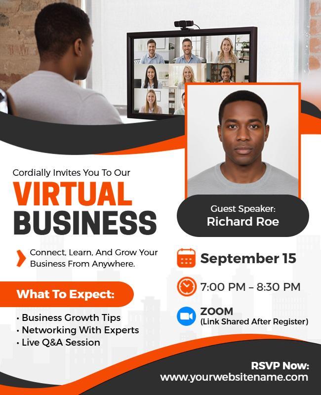 Dynamic Orange Virtual Business Networking Event Flyer Template