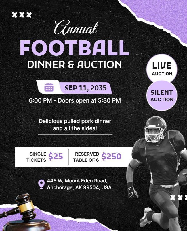 Dynamic Purple Football Dinner and Auction Event Poster Template