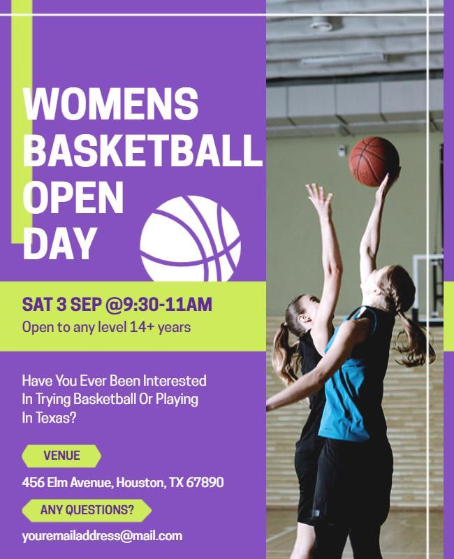 Dynamic Purple Womens Basketball Open Day Event Poster Template
