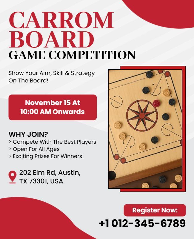 Dynamic Red Carrom Board Game Tournament Flyer Template