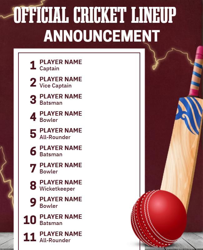 Dynamic Red Cricket Team Lineup Announcement Flyer Template
