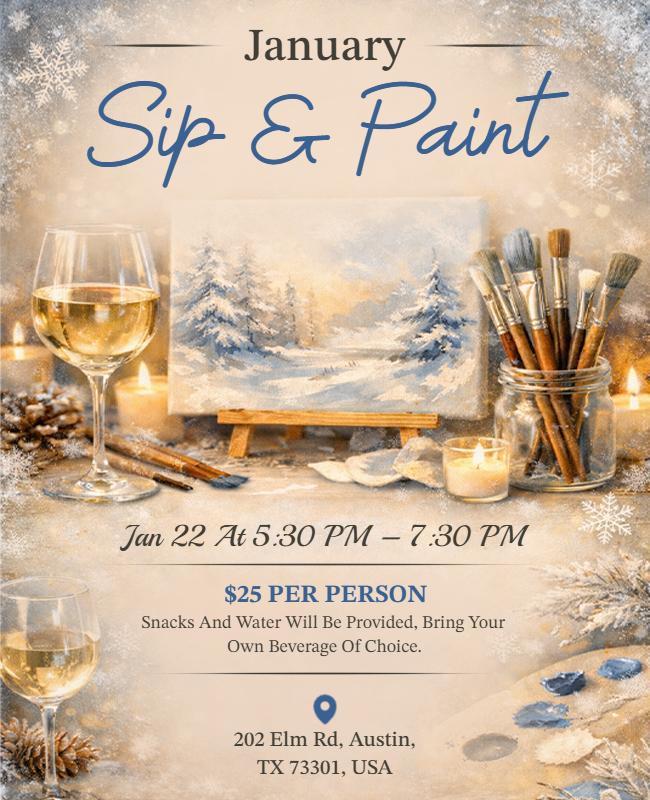 Elegant Artistic Winter Sip and Paint Flyer Template