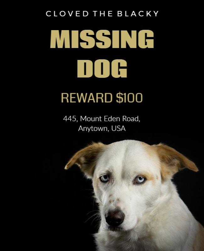 Elegant Black Missing Dog Notice with Reward Poster Template
