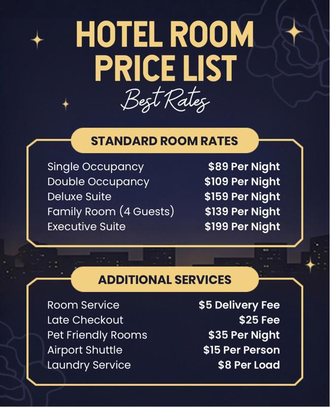 Elegant Blue and Gold Hotel Room Price List Flyer Template