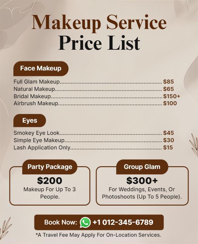 Elegant Brown Makeup Service Price List Poster Template