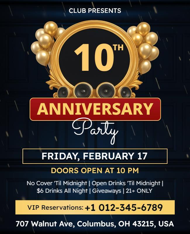 Elegant Club 10th Anniversary Party Celebration Flyer Template