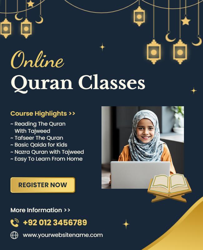 Elegant Dark Blue Online Quran Classes for Learning Poster Template