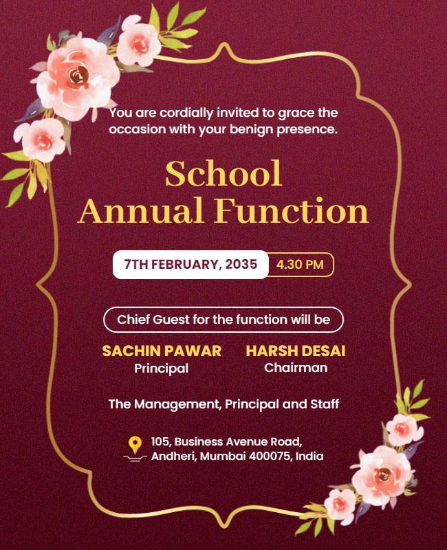Elegant Floral Maroon School Annual Function Poster Template