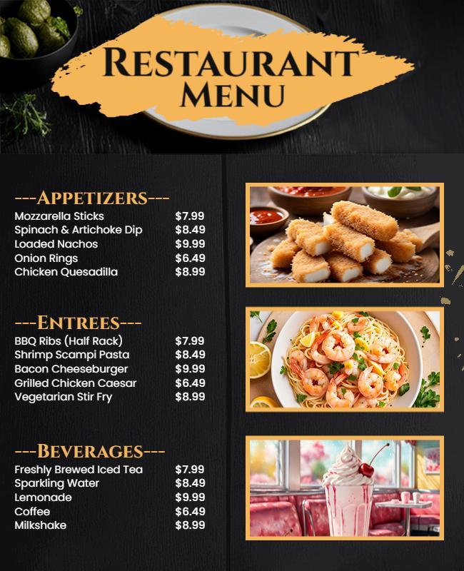 Elegant Golden Restaurant Menu with Appetizers and Entrees Poster Template