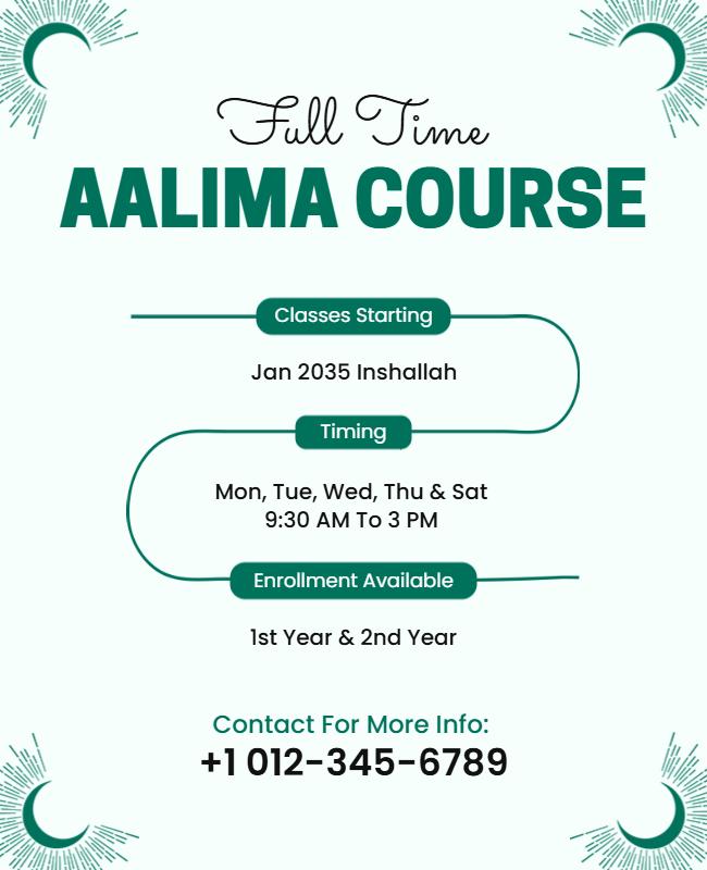 Elegant Green Full Time Aalimah Course Enrollment Poster Template