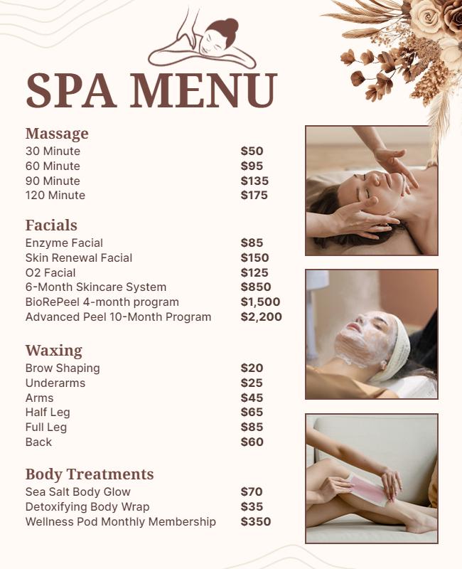 Elegant Neutral Spa Treatment Services Menu Poster Template