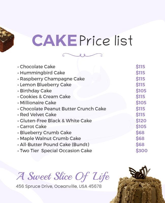 Elegant Purple Cake Price List Display Poster Template