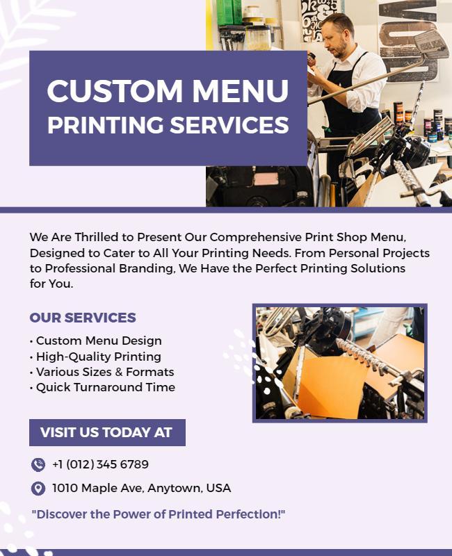 Elegant Purple Custom Menu Printing Services Poster Template