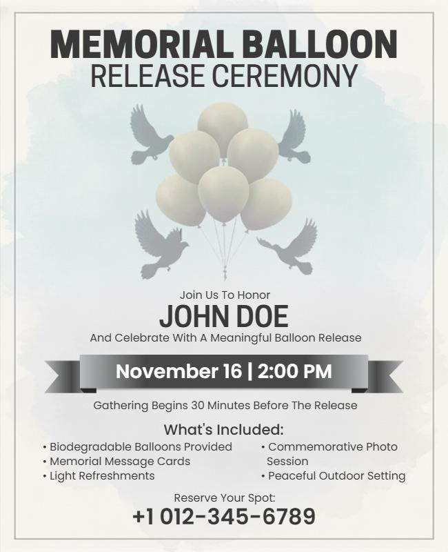 Elegant White Balloon Release Memorial Ceremony Flyer Template