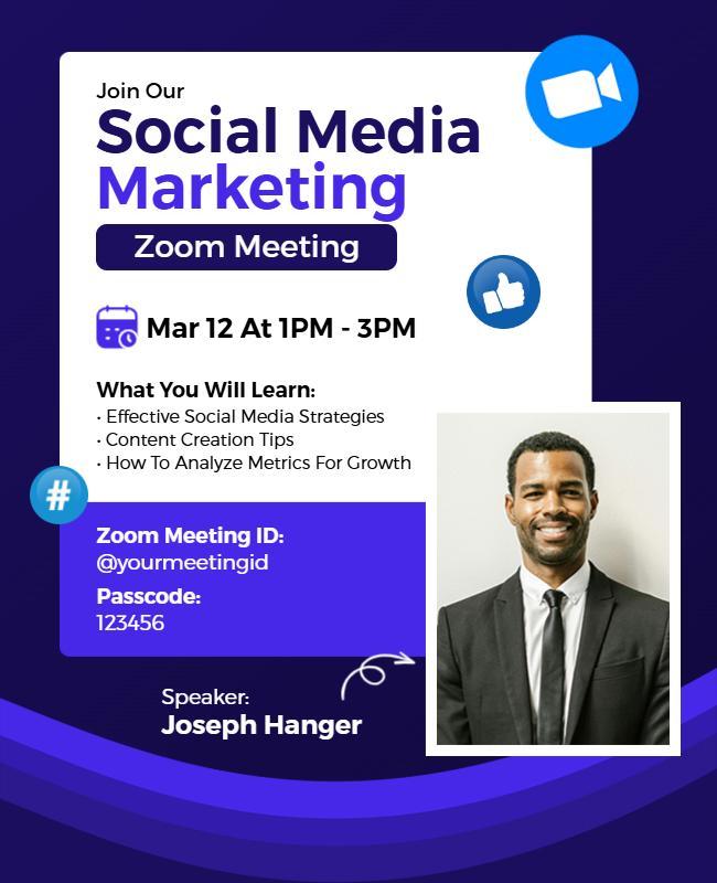 Engaging Purple Social Media Marketing Zoom Meeting Flyer Template