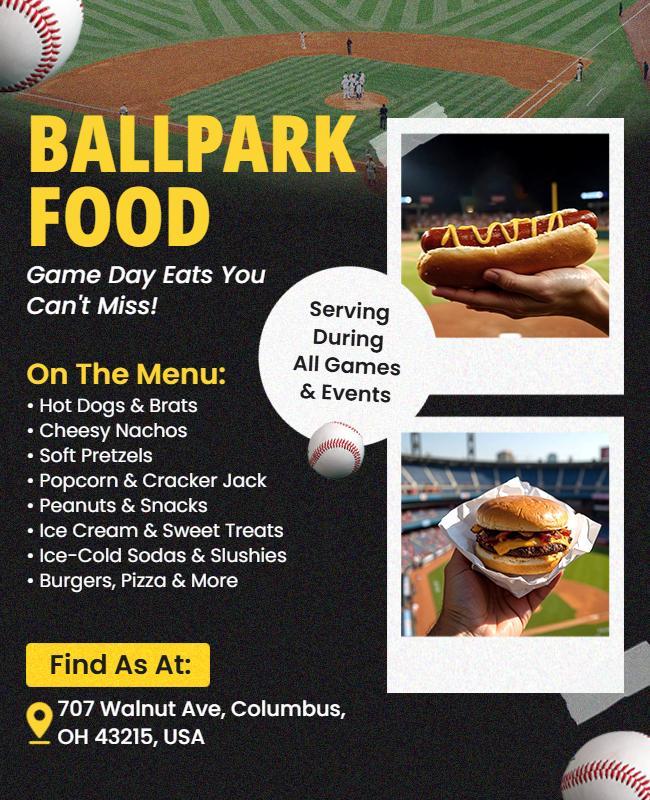 Exciting Baseball Themed Ballpark Food Menu Poster Template