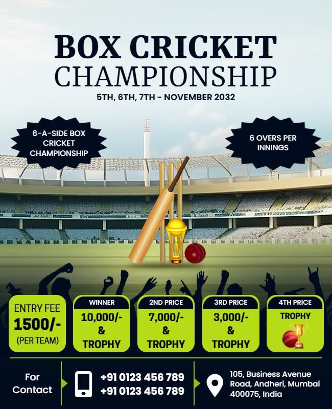 Exciting Box Cricket Championship Event Announcement Poster Template
