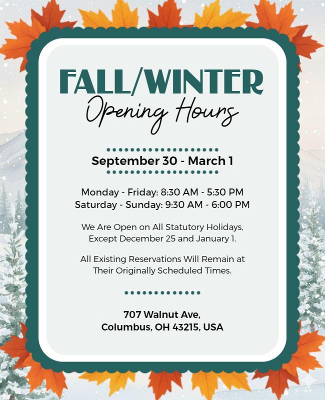 Fall Winter Business Opening Hours Announcement Flyer Template