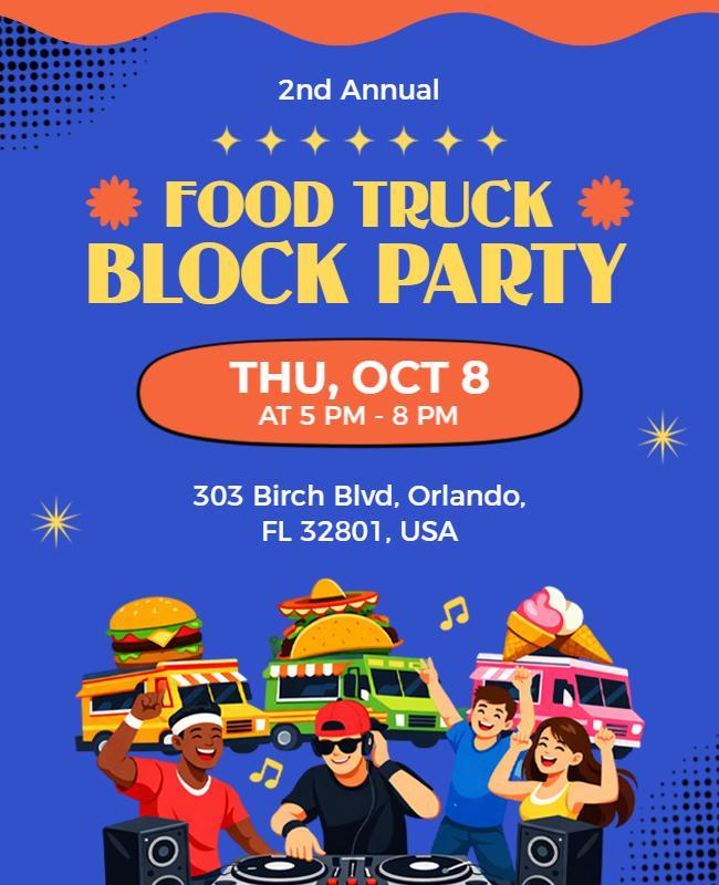 Festive Blue Food Truck Block Party Celebration Flyer Template