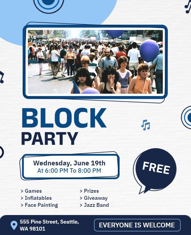 Festive Blue Neighborhood Block Party Celebration Poster Template