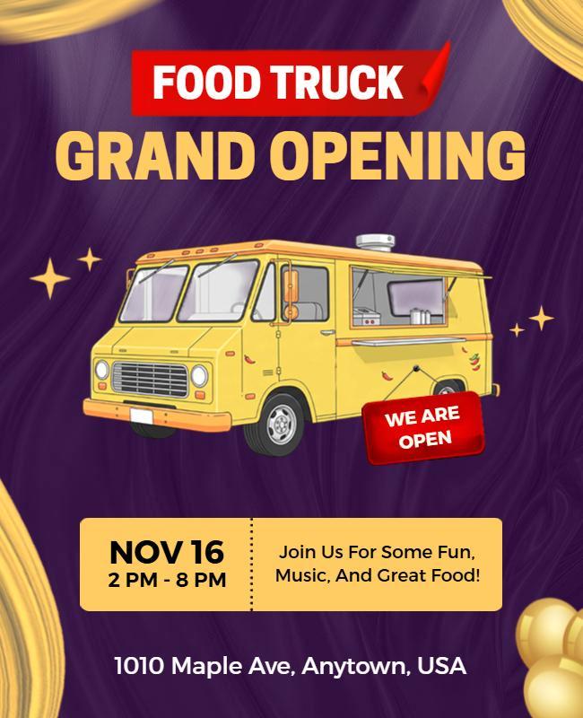 Festive Yellow Food Truck Grand Opening Celebration Flyer Template