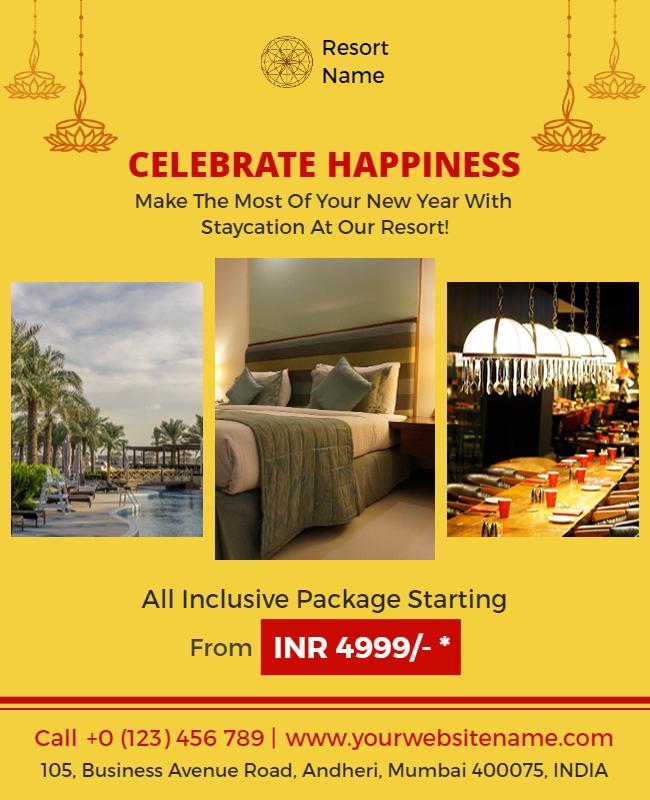 Festive Yellow New Year Staycation Resort Celebration Poster Template