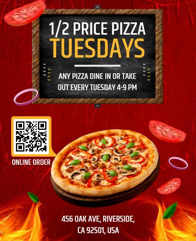 Fiery Red Half-Price Pizza Tuesdays Discount Flyer Template