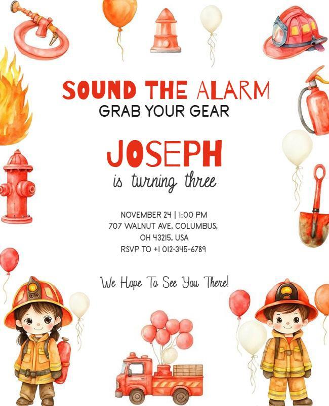 Fire Truck Themed Birthday Party Invitation Flyer Template