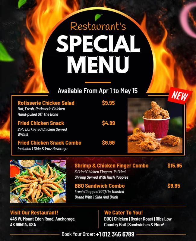 Flaming Bold Restaurant Special Menu Promotion Poster Template