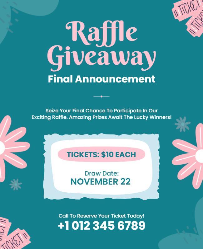 Floral Teal Raffle Giveaway Announcement Flyer Template