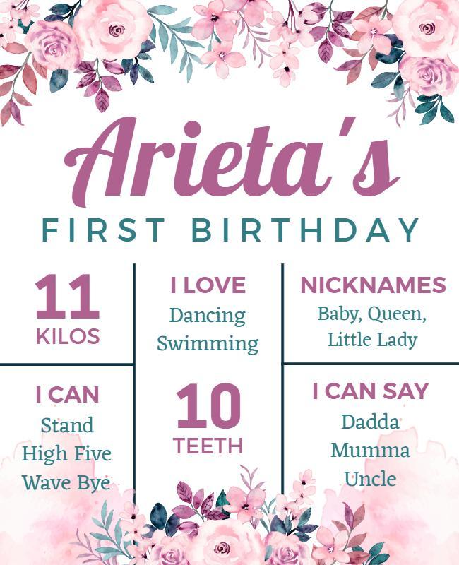 Floral Themed Pink First Birthday Celebration Poster Template