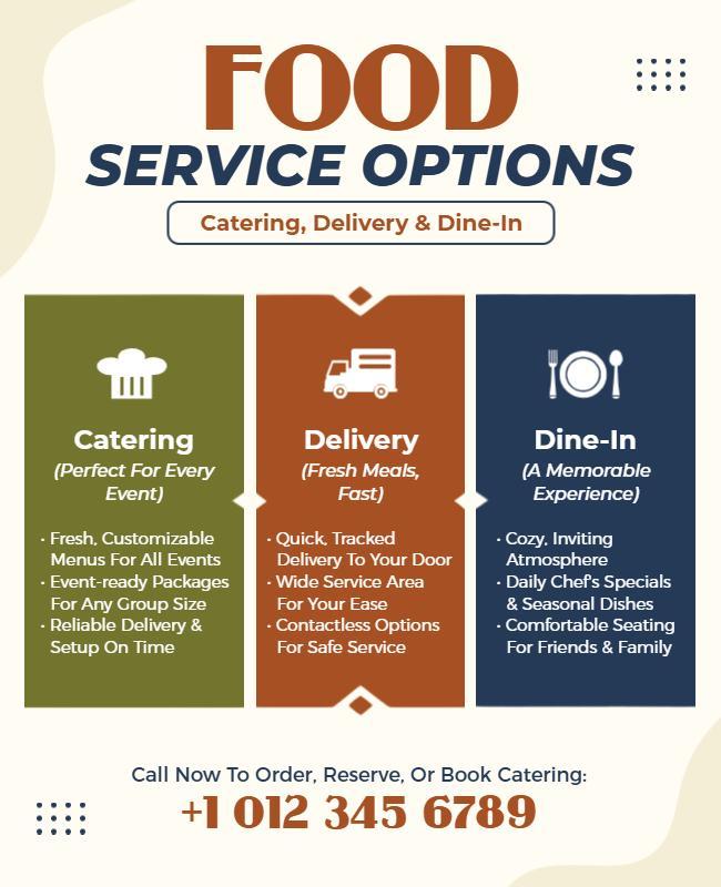 Food Catering Delivery and Dine-in Service Options Flyer Template