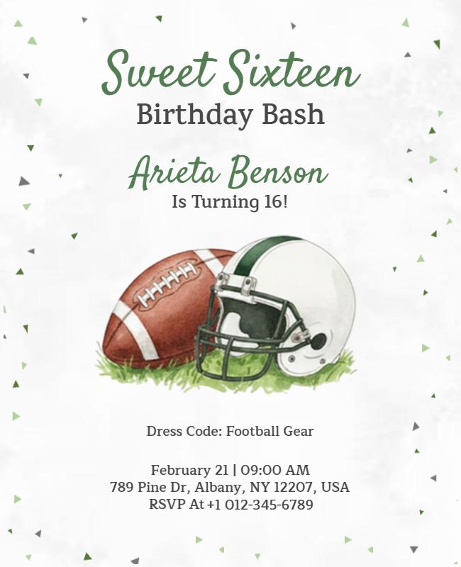 Football Themed Sweet Sixteen Invitation Flyer Template