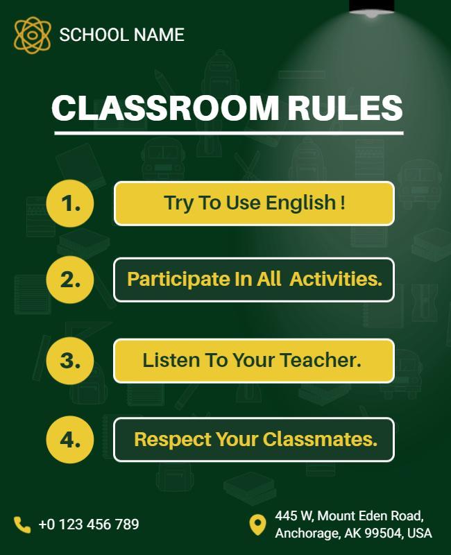 Green Educational Classroom Rules Information Poster Template