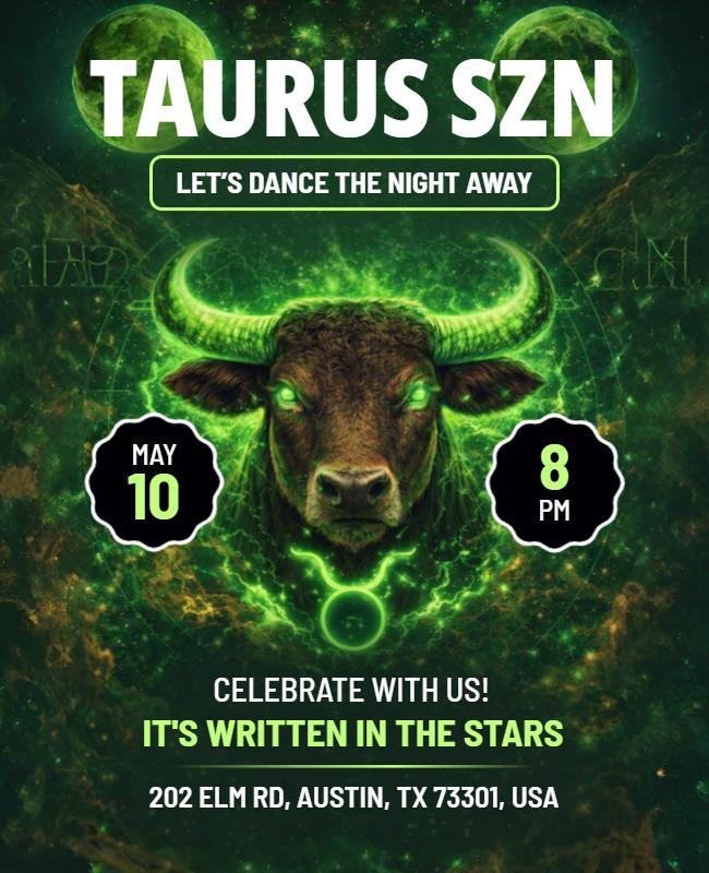 Green Taurus SZN Party Flyer Template