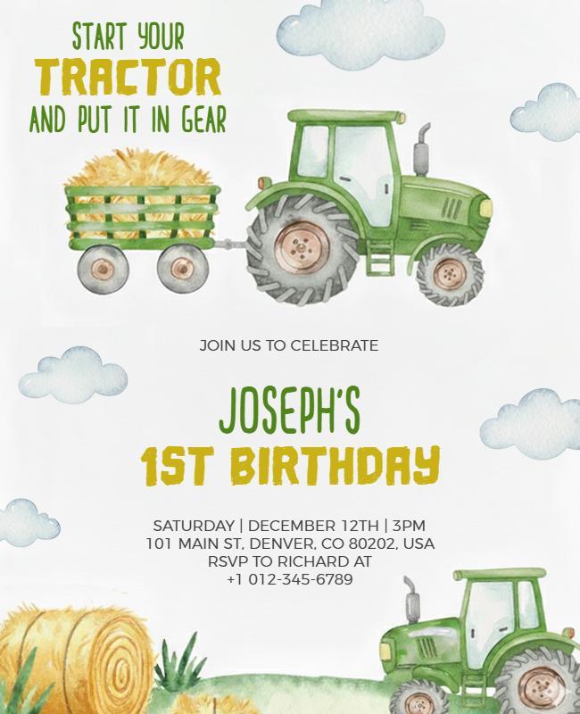 Green Tractor Birthday Party Announcement Flyer Template