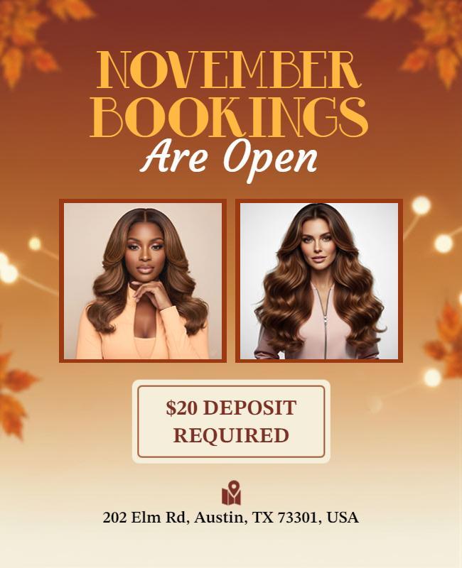 Hair Salon November Booking Announcement Flyer Template