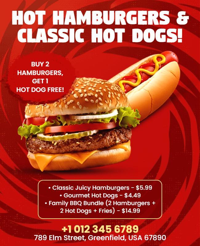 Hot Hamburgers and Classic Hot Dogs Promotion Flyer Template