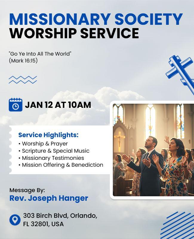 Inspirational Blue Missionary Society Worship Service Flyer Template