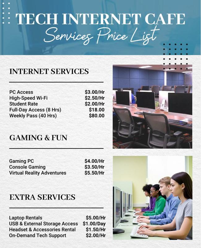 Internet Cafe Services and Pricing Details Flyer Template