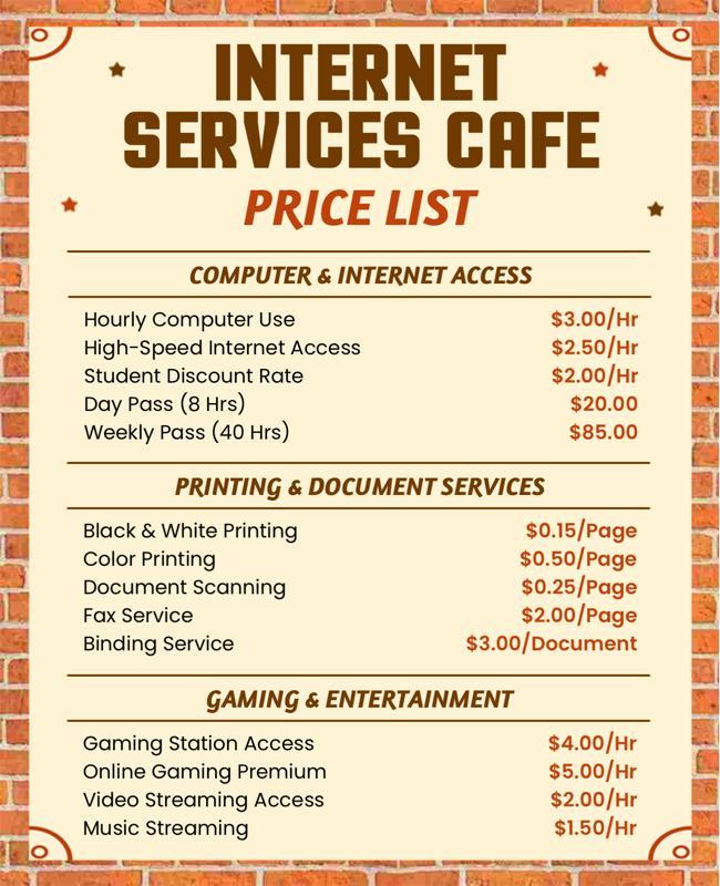 Internet Services Cafe Price List Flyer Template