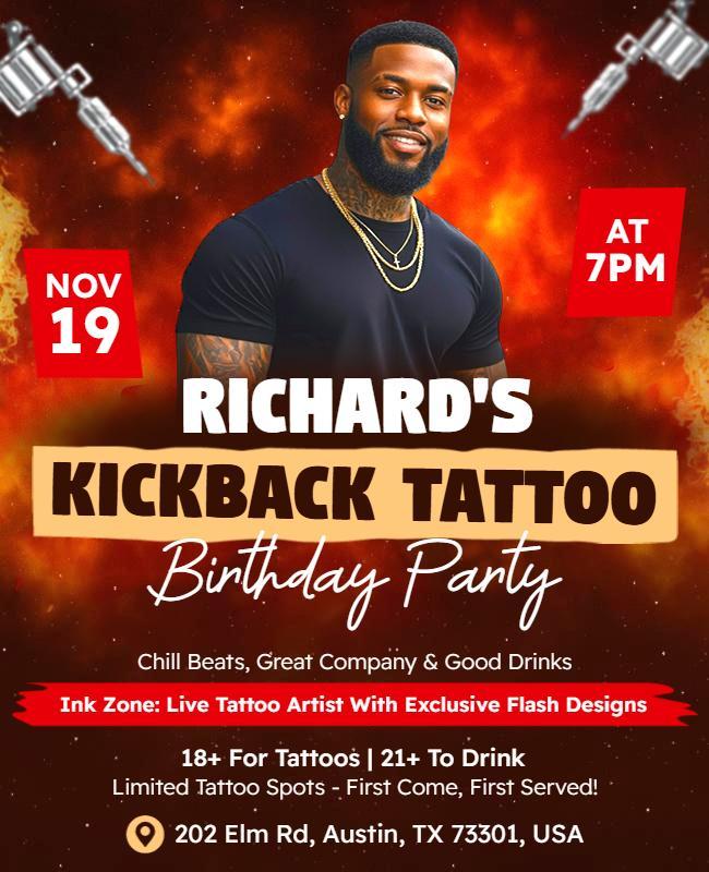 Kickback Tattoo Birthday Party Invitation Flyer Template
