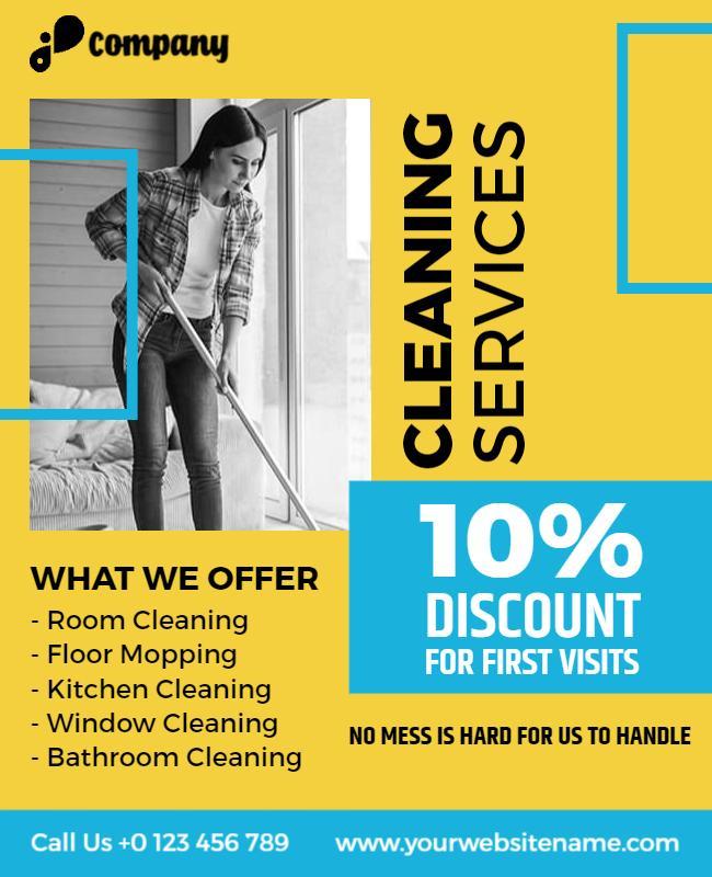 Modern Blue and Yellow Cleaning Services Discount Poster Template