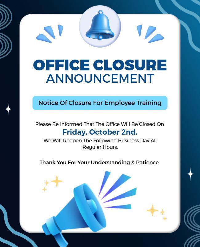 Modern Blue Employee Training Office Closure Notification Flyer Template